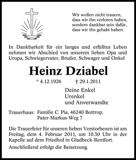 Traueranzeigen Von Heinz Dziabel Trauer In Nrw De