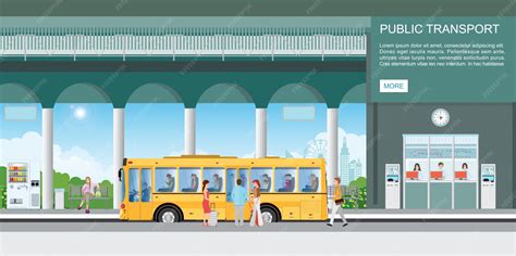 Gente Subiendo Al Autobús En La Terminal De Autobuses Vector Premium