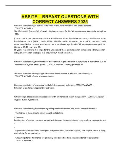 Absite Breast Questions With Correct Answers 2025 Absite Stuvia Us