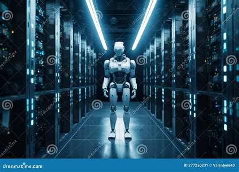 robot standing in server room in front of row of servers generative ai