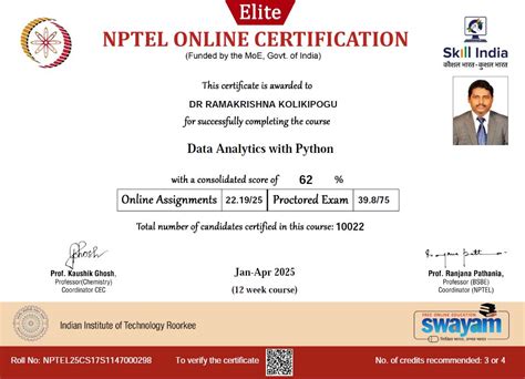 Done Data Analytics With Python Nptel Certification—achieved Elite