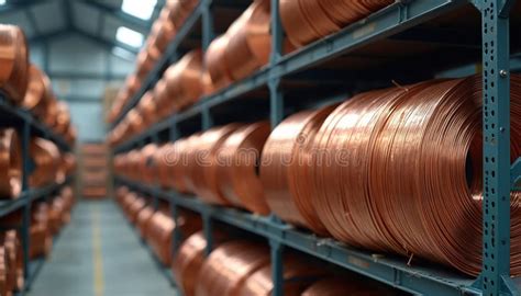 Copper Wire Spools Stacked Neatly On Industrial Warehouse Shelves