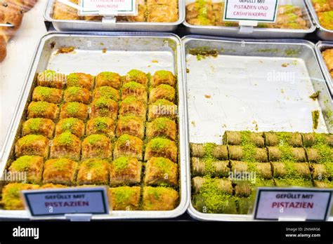 Vienna Austria October 14 2022 Candy Shop With Pistachio Baklava In Naschmarkt Street Food