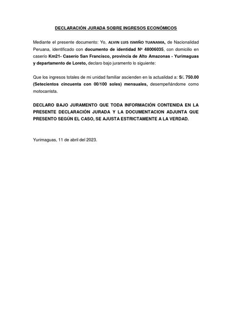 Declaración Jurada Sobre Ingresos Económicos Pdf
