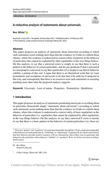 A Reductive Analysis Of Statements About Universals