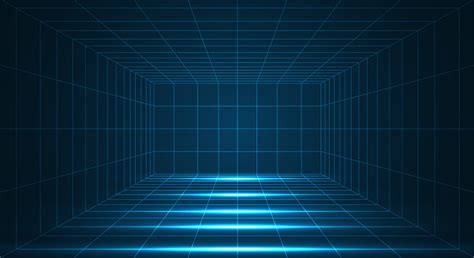 미래 지향적 인 3d 와이어 프레임 룸 원근감 그리드 가상 현실의 미래 지향적 인 디지털 복도 공간 가정의 방에 대한 스톡 벡터