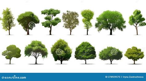 Collection Of Diverse Deciduous Trees Isolated On White Background