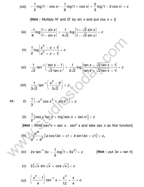 Cbse Class 12 Mathematics Integrals Worksheet Set A