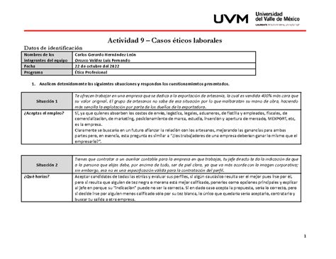 Actividad 9 Etica Actividad 9 Casos éticos Laborales Datos De Identificación Nombres De Los