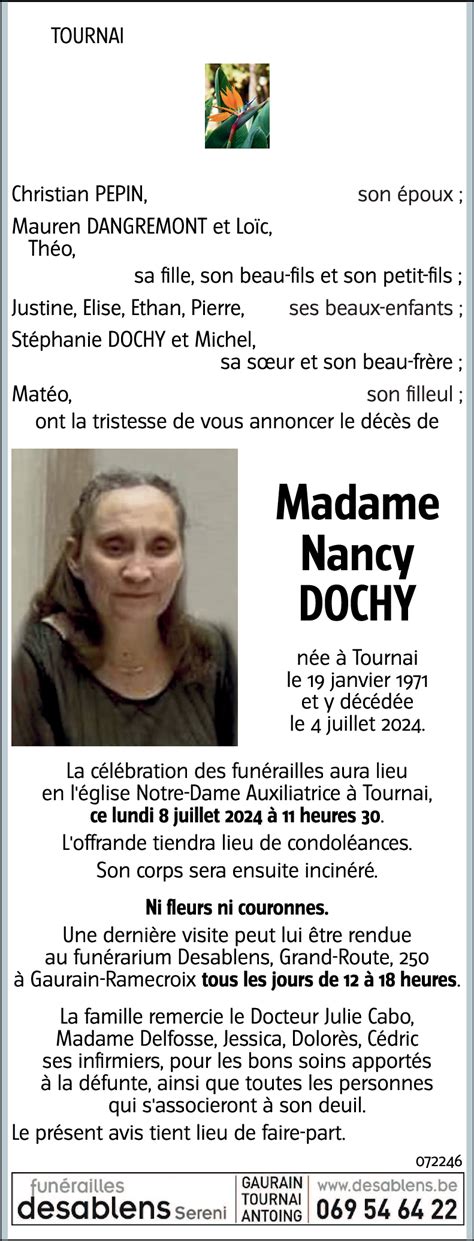 Avis De Décès De Nancy Dochy Décédé Le 04072024 à Tournai Annonce Condoléances Fleurs Etc