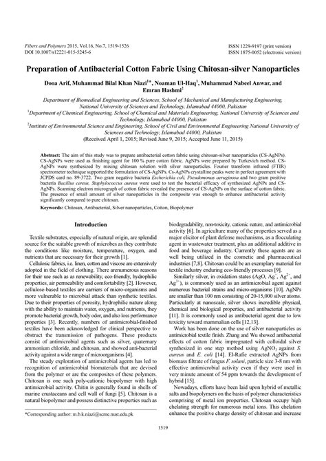 Pdf Preparation Of Antibacterial Cotton Fabric Using Chitosan Silver