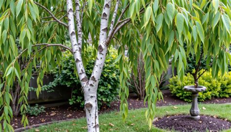 A Weeping Birch With White Bark And Green Leaves In A Garden With A
