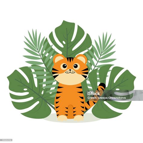 열대 잎의 배경에 작은 호랑이 새끼 만화 스타일의 색상 고립 된 벡터 일러스트 레이션 12월에 대한 스톡 벡터 아트 및 기타
