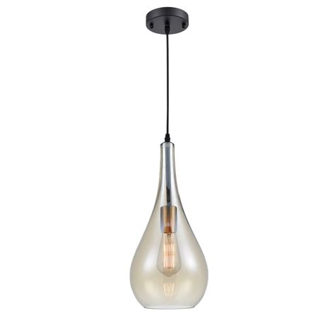 Franklite Droplet Amber Glass Single Pendant Complete With Black