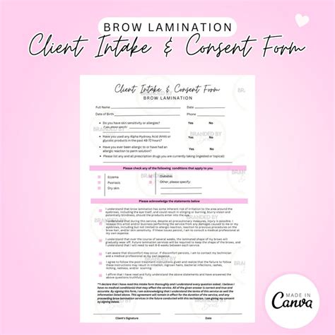 Editable Brow Lamination Client Intake And Consent Form Etsy