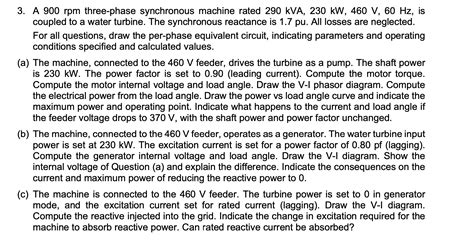 Solved 3. A 900 rpm three-phase synchronous machine rated | Chegg.com