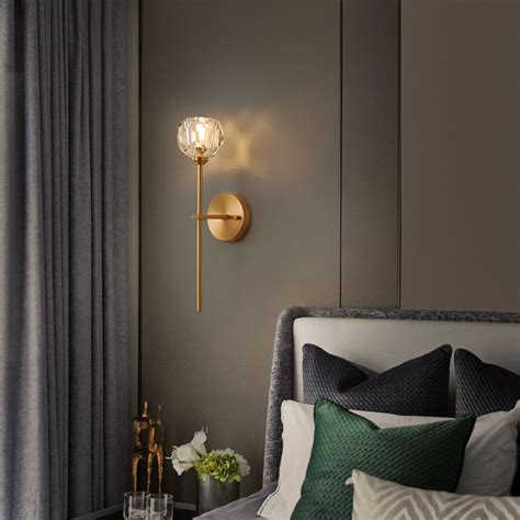 Modern Mid Century Brass Wall Sconce With Crystal Shade For Bedroom