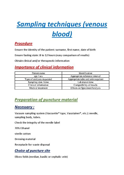 Sampling Techniques Venous Blood Sampling Techniques Venous Blood