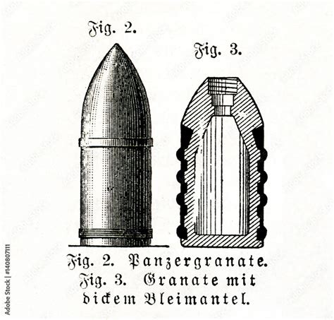 Ilustración De Stock Armor Piercing Shell Left And Lead Sheathed Shell From Meyers Lexikon