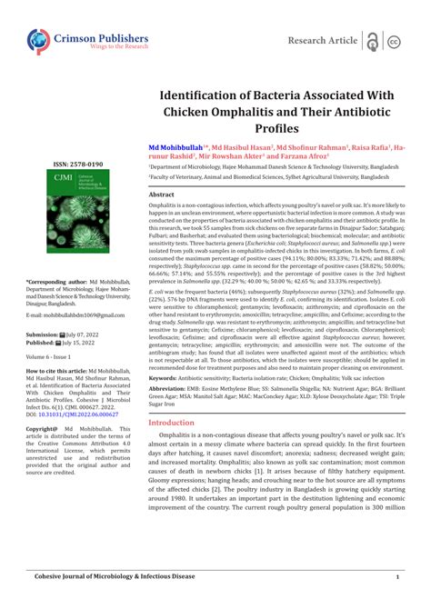Pdf Identification Of Bacteria Associated With Chicken Omphalitis And Their Antibiotic Profiles