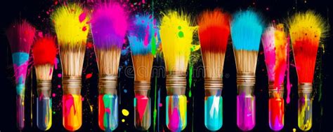 Row Of Paintbrushes With Different Colors Of Paint Splattered On Them Generative AI Stock