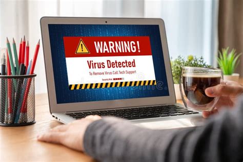 Virus Warning Alert On Computer Screen Detected Modish Cyber Threat Stock Image Image Of Desk
