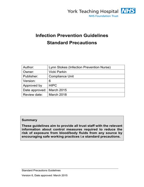 Standard Precautions Guidelines York Teaching Hospital Nhs