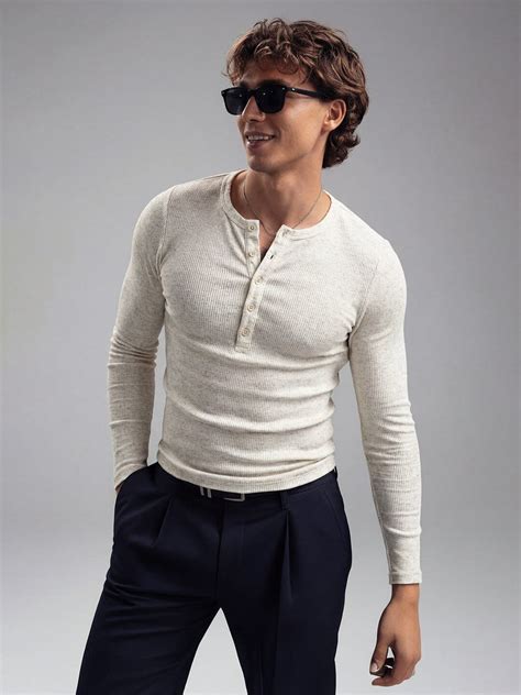 Ecru Melange Ribbed Long Sleeves Henley Buy Mens Tshirt Fugazee