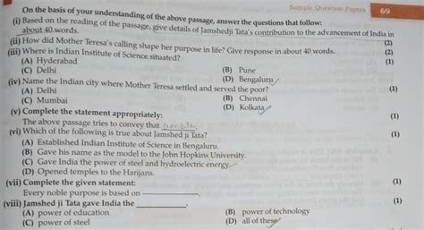 Sample Question Papers 69 I Based On The Reading Of The Passage Give D