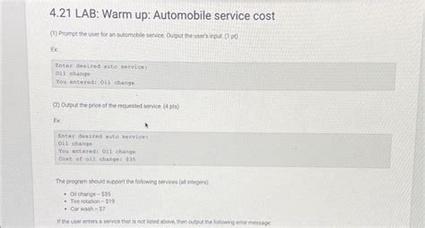 Solved 421 Lab Warm Up Automobile Service Cost 1 Prompt