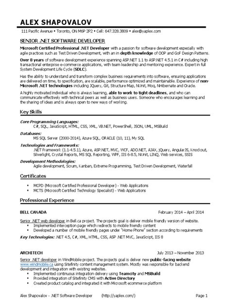 Alex Senior Net Developer Resume Pdf Service Oriented Architecture
