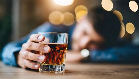 Passed Out Head On Table Hand Holding Whiskey Blurred Background