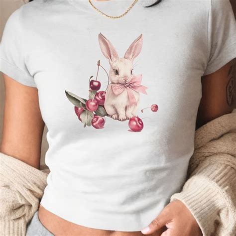Temu｜y2k Bunny Print T Shirt Short Sleeve Crew Neck Casual Top For