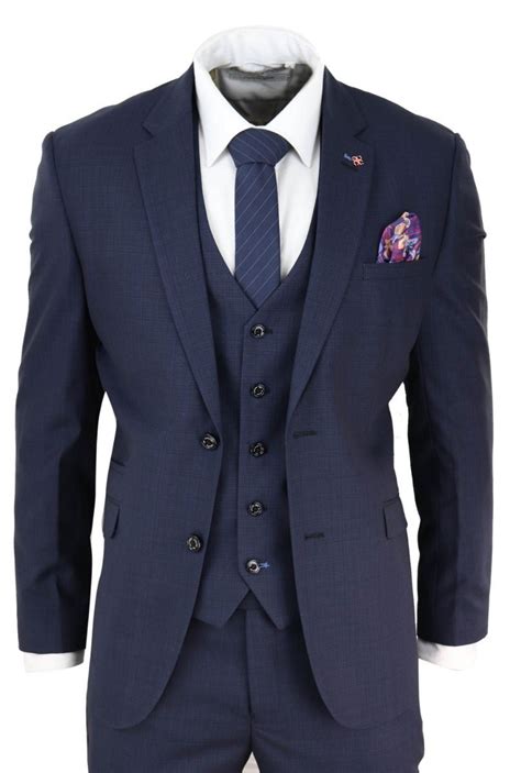 Mens 3 Piece Navy Blue Tailored Fit Retro Classic Suit Infinity Leather