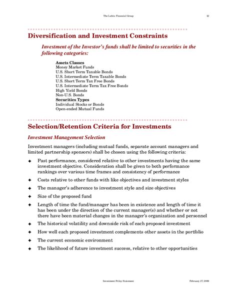 Investment Policy Statement Template For Individuals Pdf Template