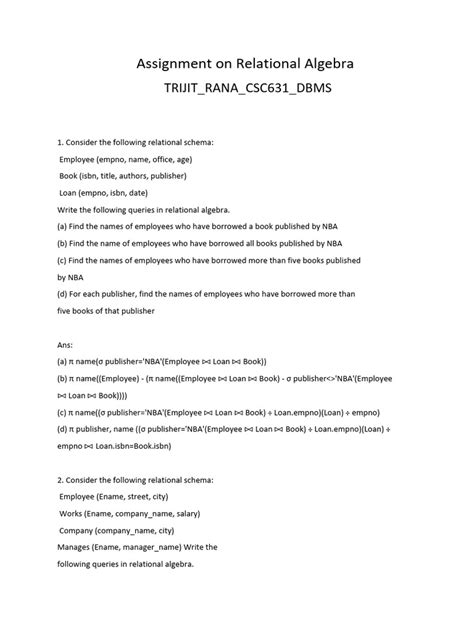 Assignment On Relational Algebra Pdf