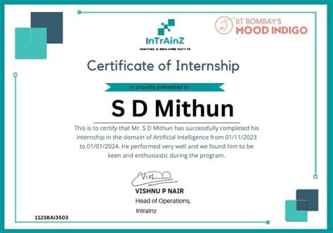 Mithun S D On Linkedin Artificialintelligence Ai Intrainz Internship Learning Certificate…