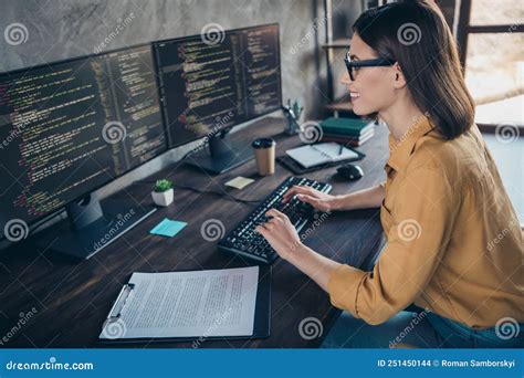Profile Side View Portrait Of Attractive Cheery Girl Editing Source Html Debugging Modify At