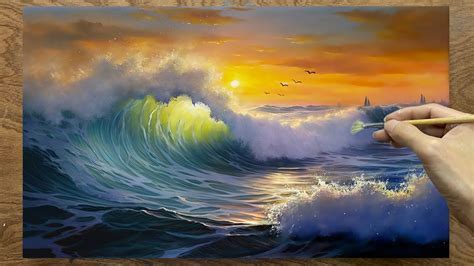 How To Draw Ocean Waves Sunset Landscape On The Sea Acrylic