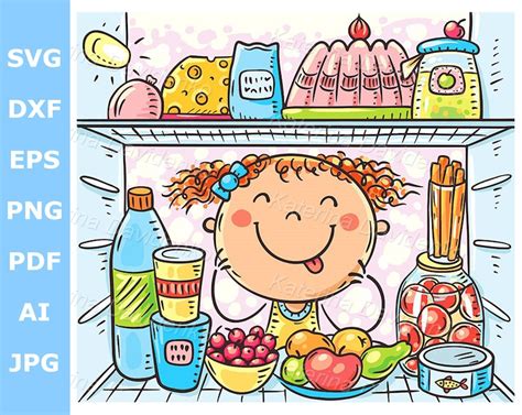 Cartoon Girl Looking Inside Fridge With Food Digital Download View