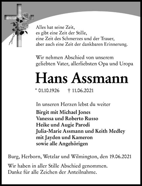 Traueranzeigen Von Hans Assmann Vrm Trauerde