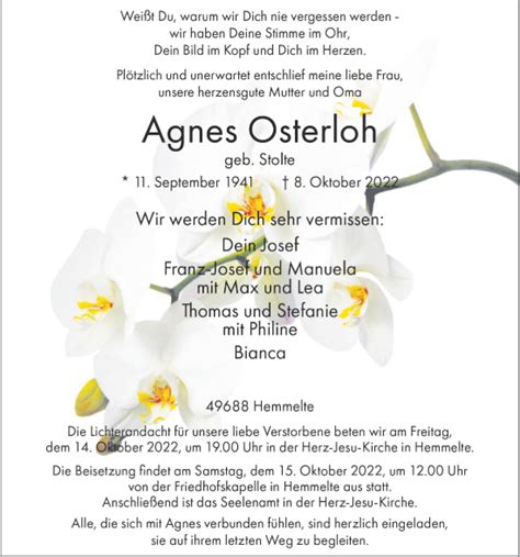 Traueranzeigen Von Agnes Osterloh Om Trauer De
