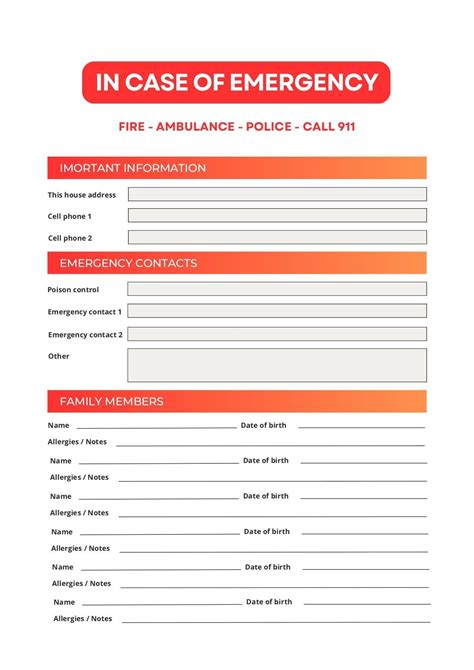 Emergency Info Sheet Printable Template