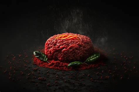 Premium Ai Image Raw Ground Beef On A Dark Background Looking Up Leave Room For Your Text