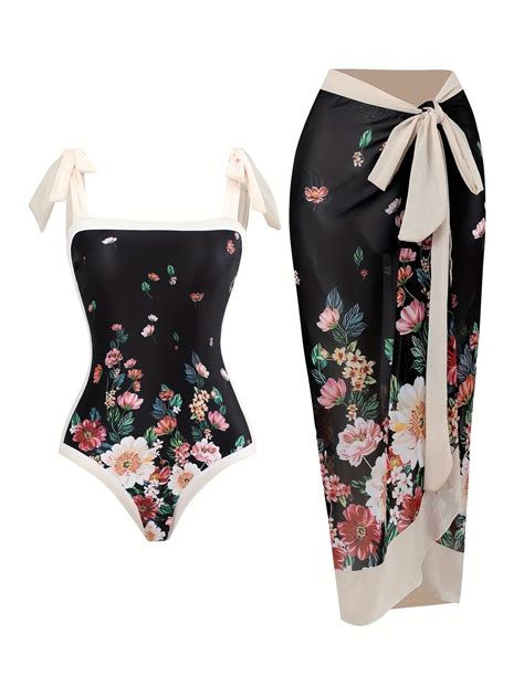 Beranmey Womens Retro Floral Print One Piece Swimsuit And Long Wrap