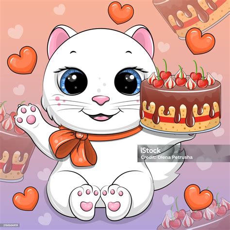 Cute Cartyoon White Cat Is Holding A Cake Stock Illustration Download