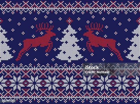 크리스마스 트리와 순록 원활한 패턴으로 크리스마스 십자수 0명에 대한 스톡 벡터 아트 및 기타 이미지 0명 12월 겨울 Istock