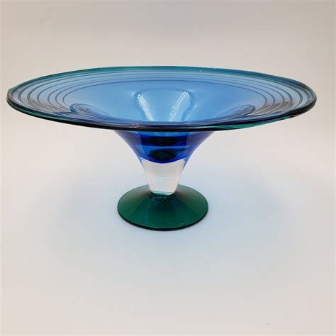 Vintage Blenko Handblown Glass Footed Centerpiece Bowl 9826 Blue And Green Signed Richard Blenko