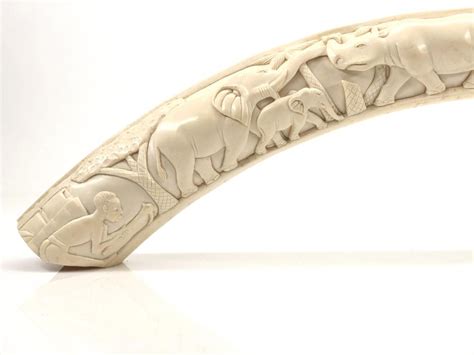 Lot African Scenic Hand Carved Ivory Elephant Tusk