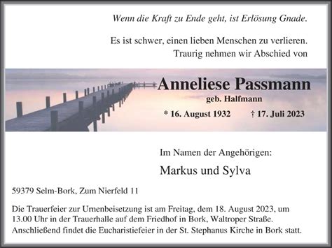 Traueranzeigen Von Anneliese Passmann Sich Erinnernde